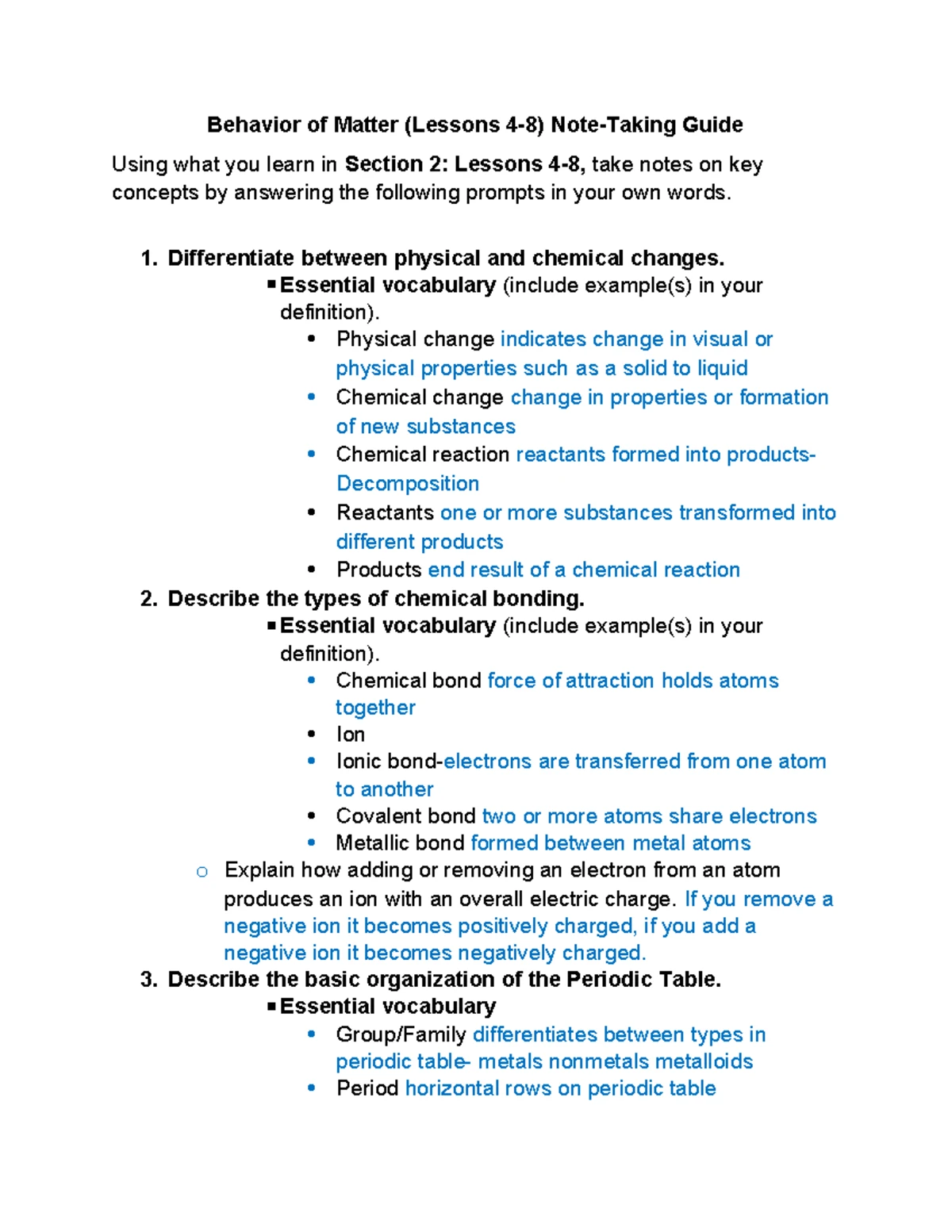 Behavior of Matter: Lessons 4-8 Note-Taking Guide - Studocu