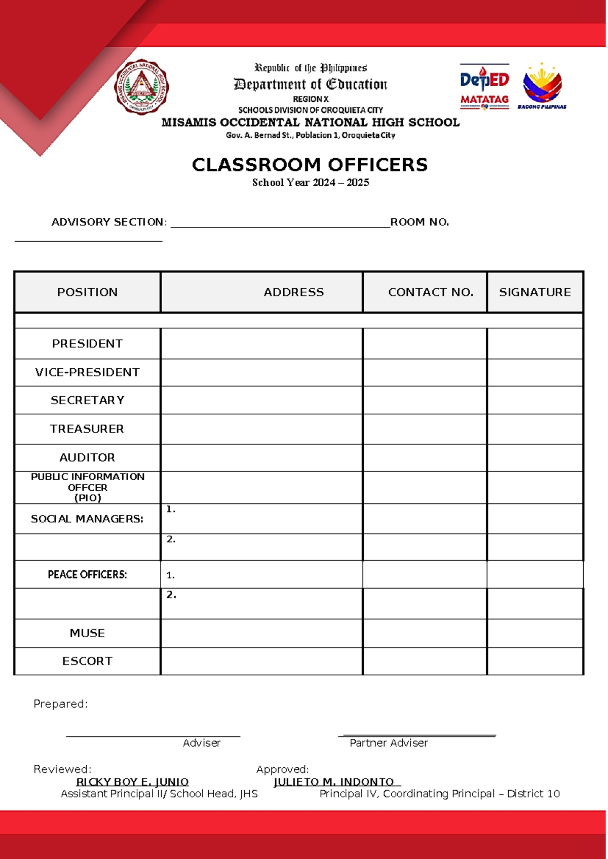 Classroom- Officers- Template - CLASSROOM OFFICERS School Year 2024 ...
