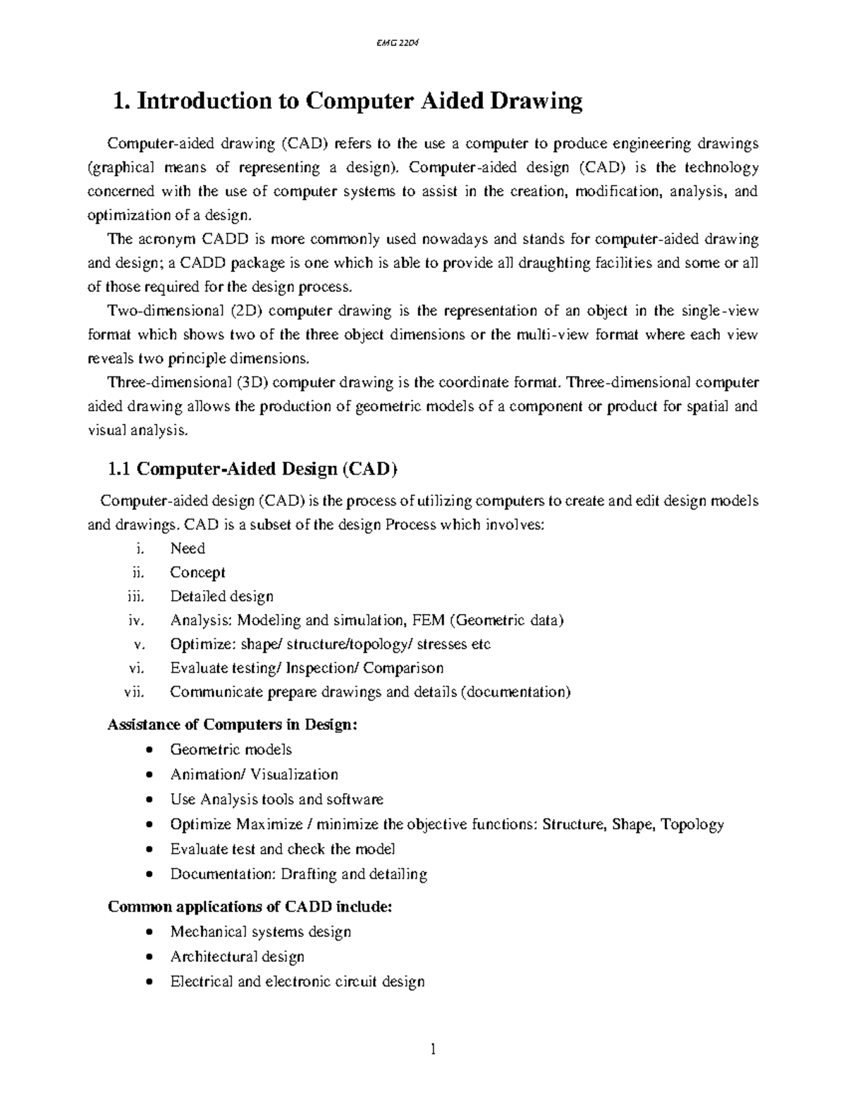 EMG 2204 CAD Notes: Introduction to Computer Aided Drawing - Studocu