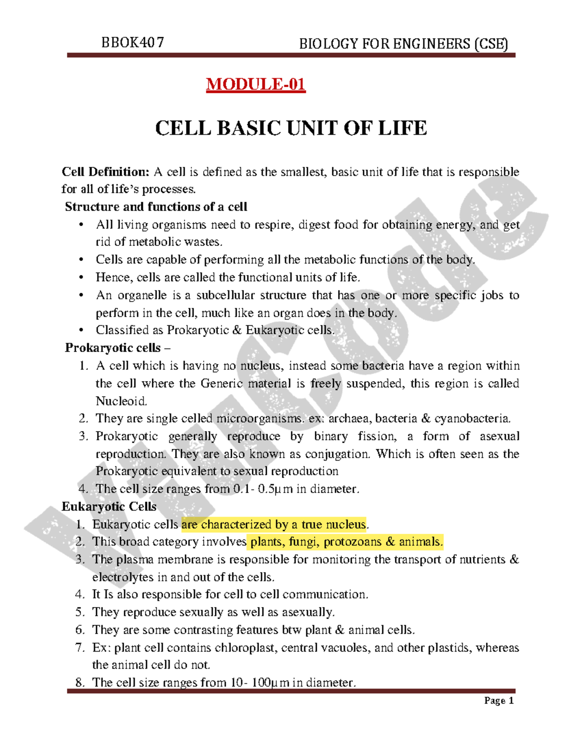 BBOK407 BIOLOGY FOR ENGINEERS (CSE) CELL STRUCTURE AND FUNCTIONS - Studocu