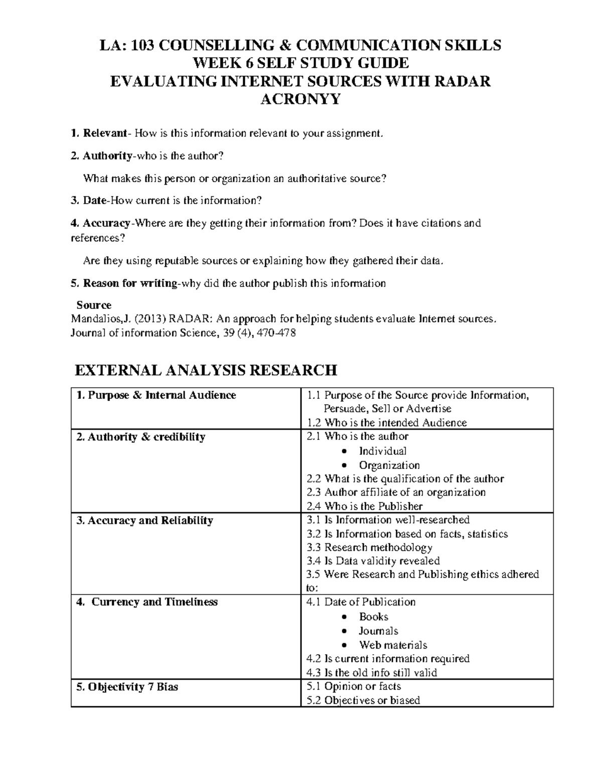 LA103: Week 6 Self-Study Guide on Evaluating Internet Sources with ...