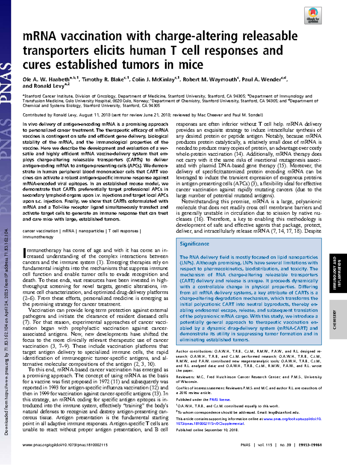 mRNA-CART Vaccination Induces T Cell Responses and Cures Mouse Tumors ...