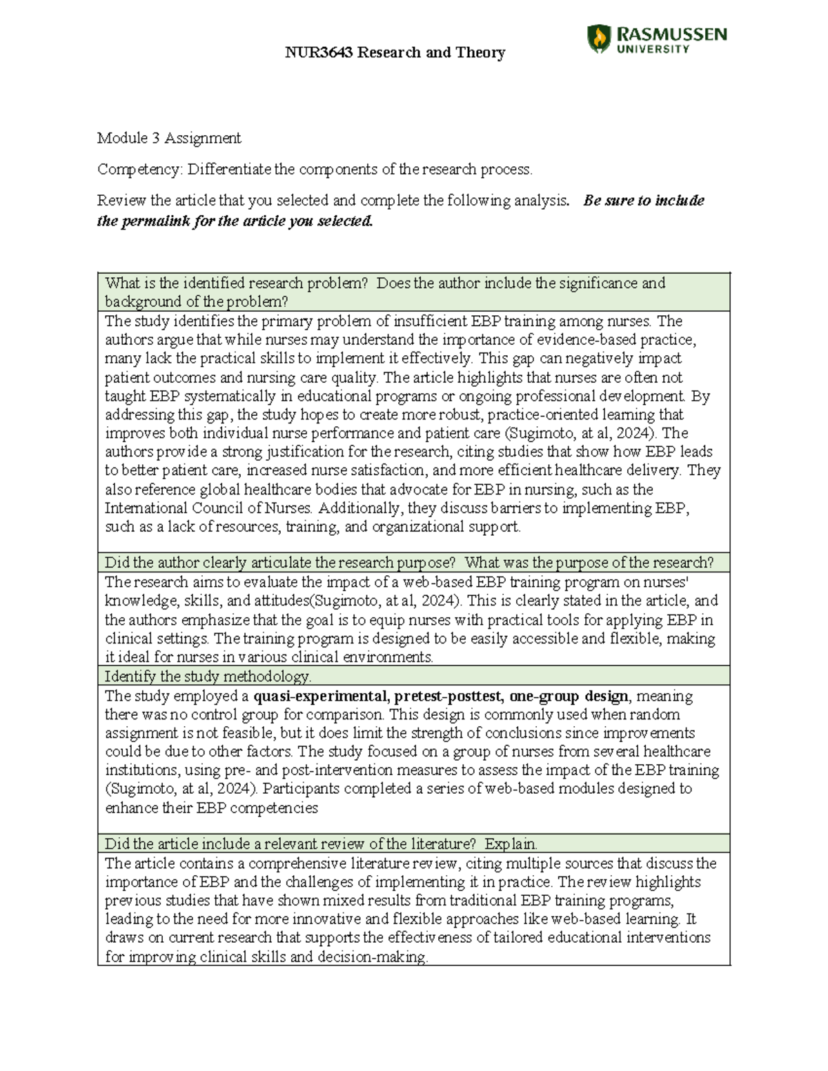 NUR3643 Module 3 Assignment: EBP Training Program Analysis - Studocu