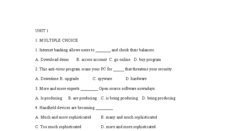 KTVT 1 - UNIT 1: Multiple Choice & Gap Filling Exercises - Studocu