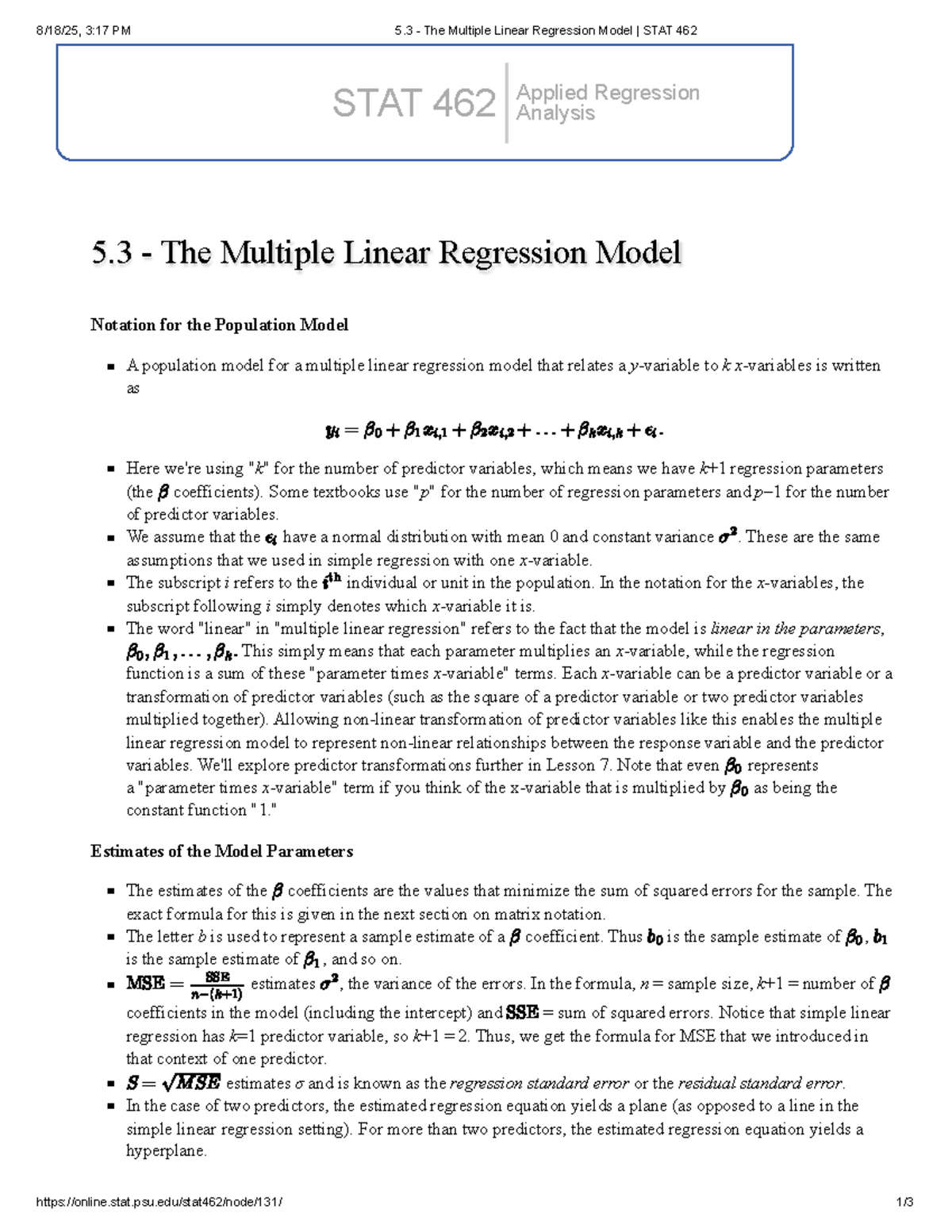 5.3 Multiple Linear Regression Model Overview - STAT 462 - Studocu