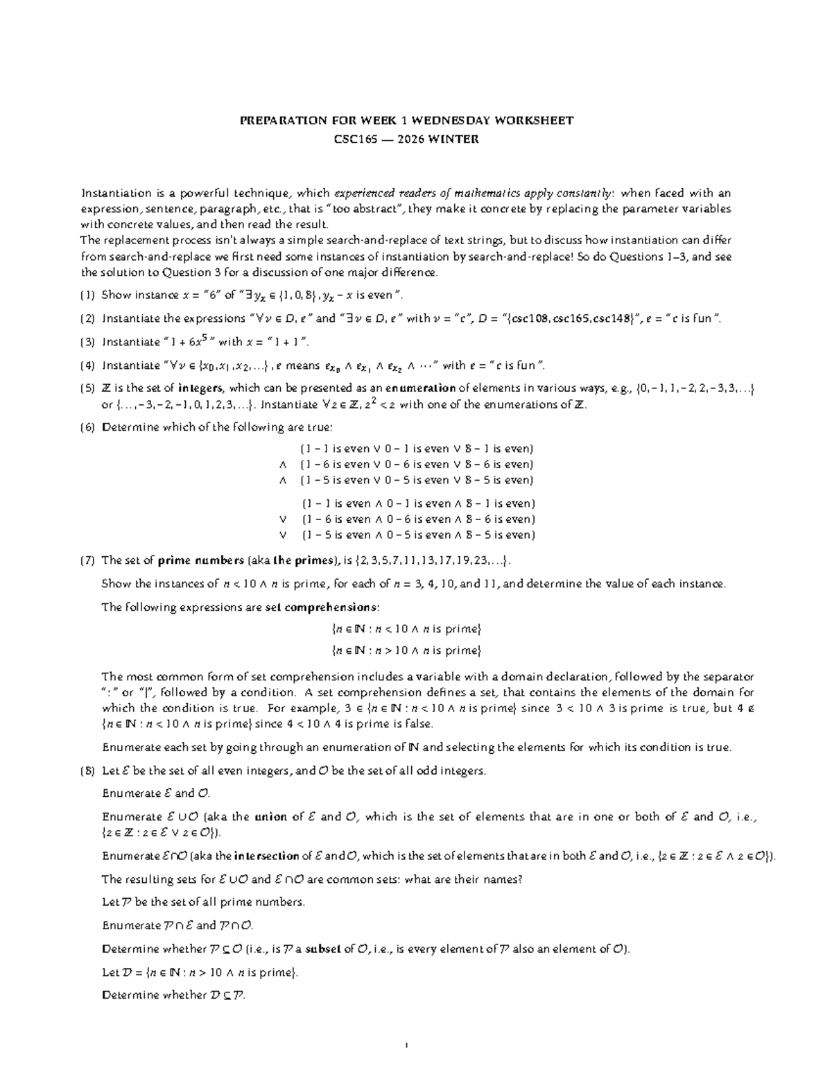 Preparation for Week 1 Worksheet CSC165 2026 Winter: Instantiation ...