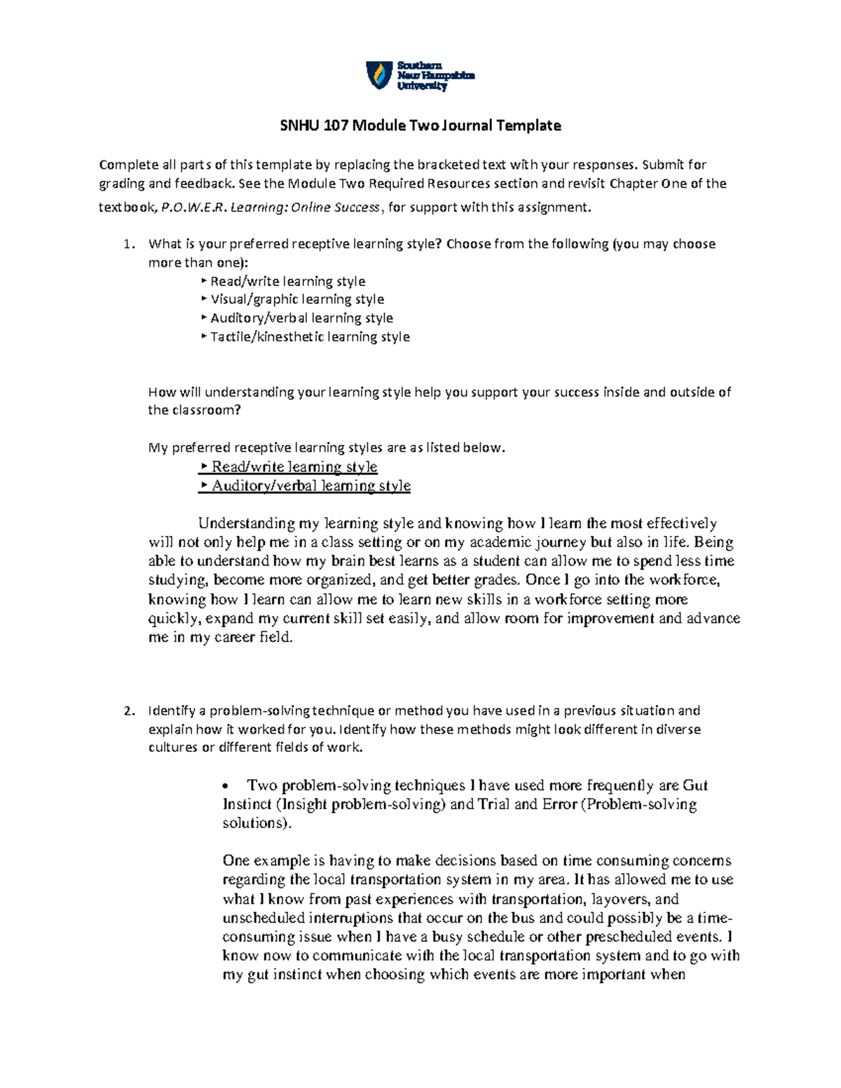 SNHU-107 Module 2 Journal Assignment - SNHU 107 Module Two Journal ...