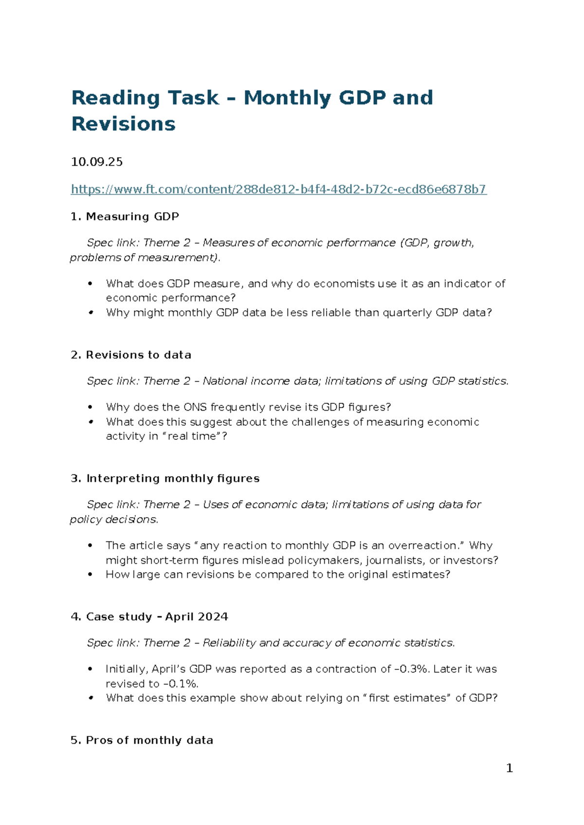 10.09.25 Monthly GDP & Revisions: Measuring Economic Performance - Studocu