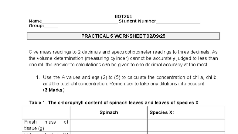 BOT261 Practical 5: Chlorophyll Concentration Analysis Worksheet - Studocu