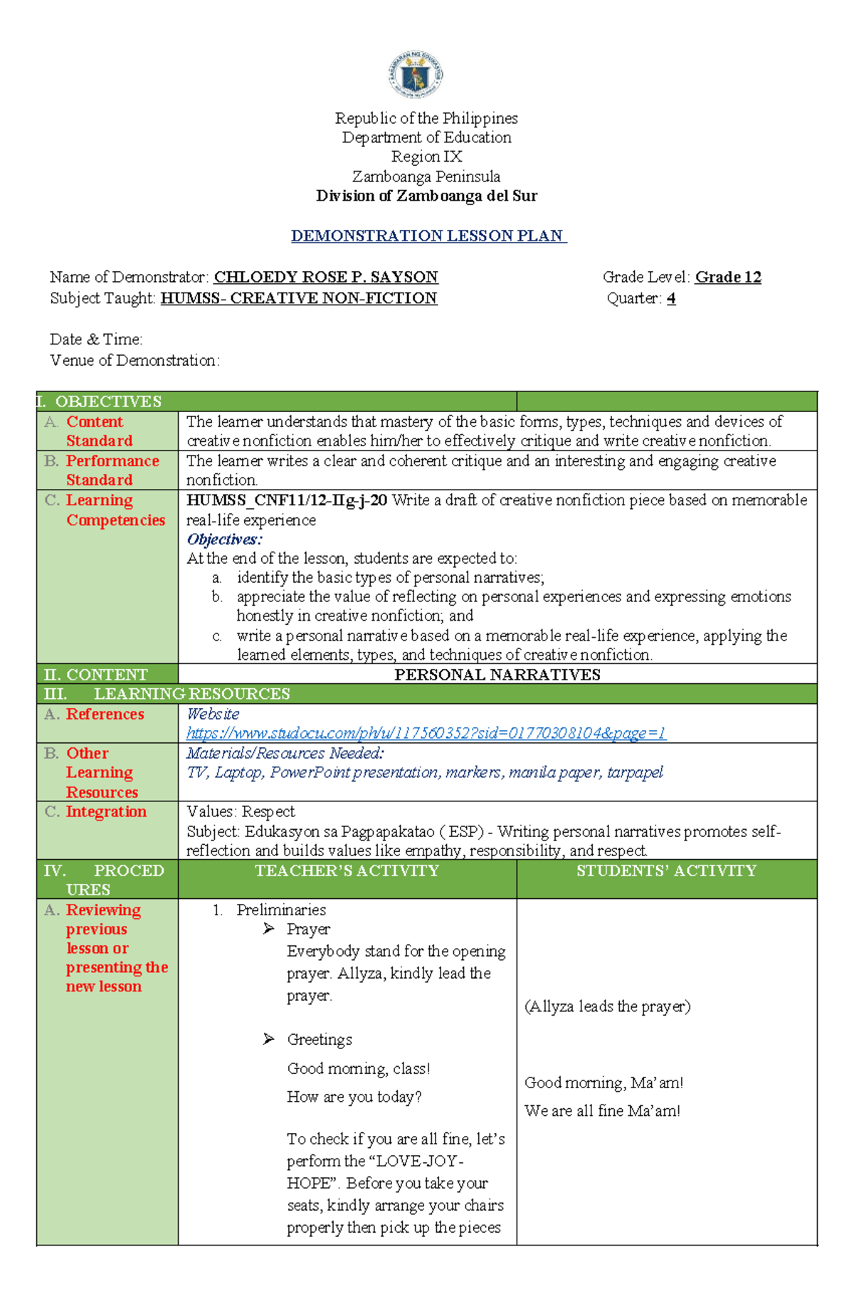 Creative Nonfiction Lesson Plan (Grade 12, ESP) - Studocu