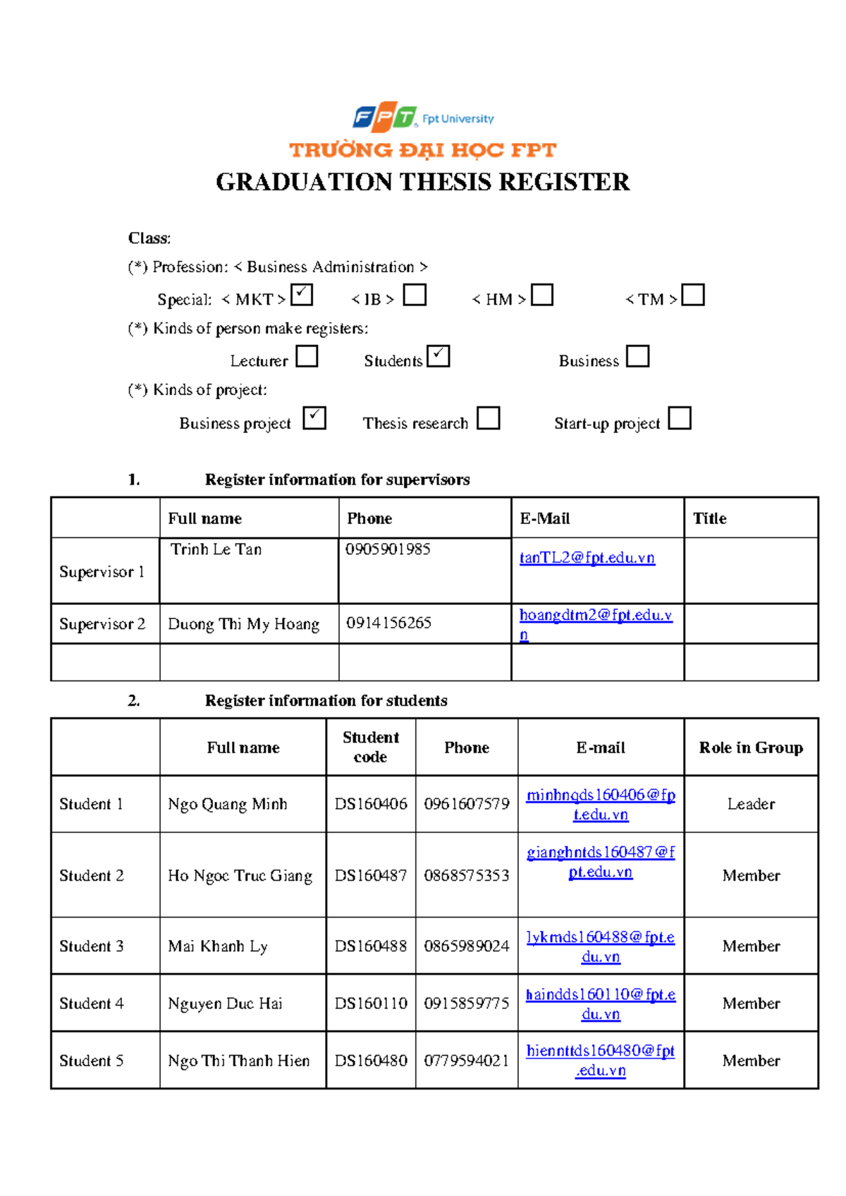 Graduation Thesis Registration for Business Admin (MKT, IB, HM, TM ...