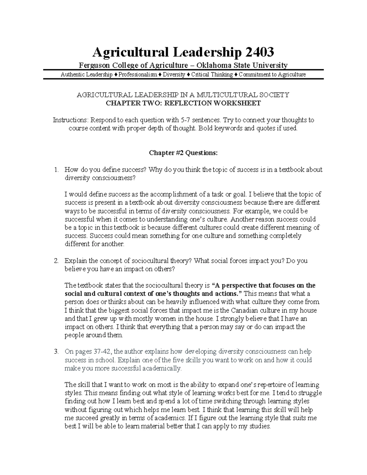 2403 Agricultural Leadership Chapter 3 Reflection Worksheet - Studocu