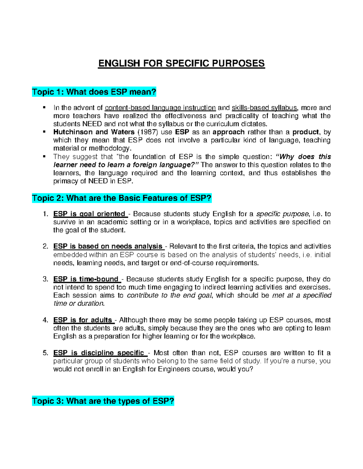 ESP Handouts: English for Specific Purposes Overview and Features - Studocu