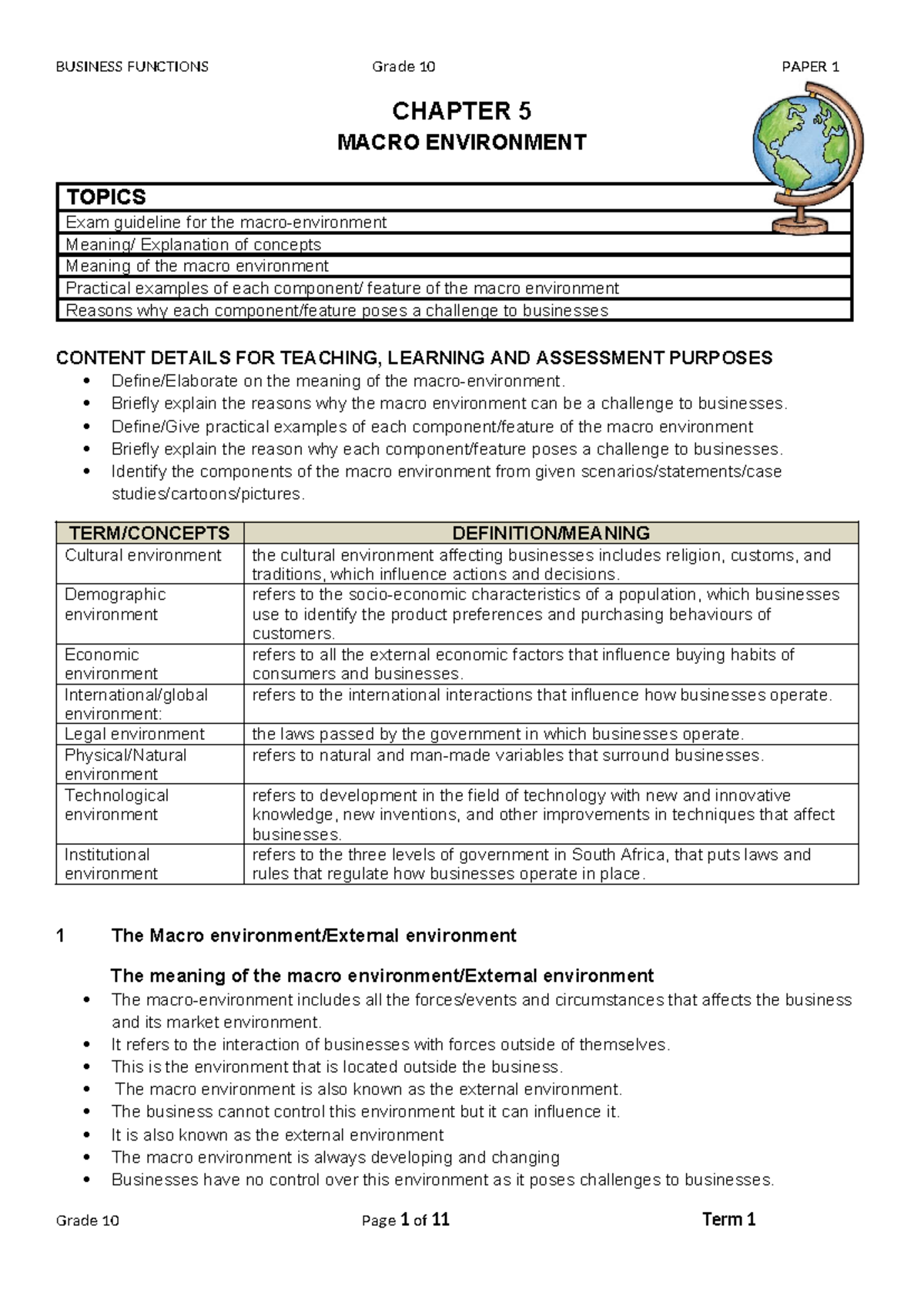BUSINESS FUNCTIONS GRADE 10 PAPER 1 CHAPTER 5 MACRO ENVIRONMENT EXAM ...