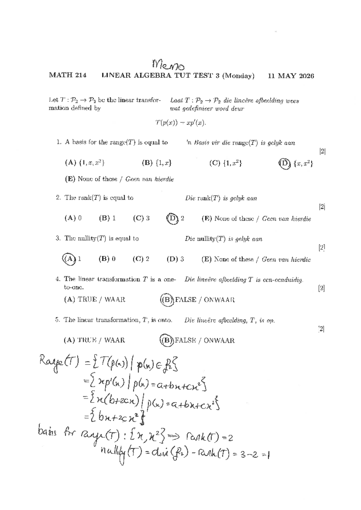 MATH 214 Tut Test 3 Memo - Linear Algebra Analysis - Studocu