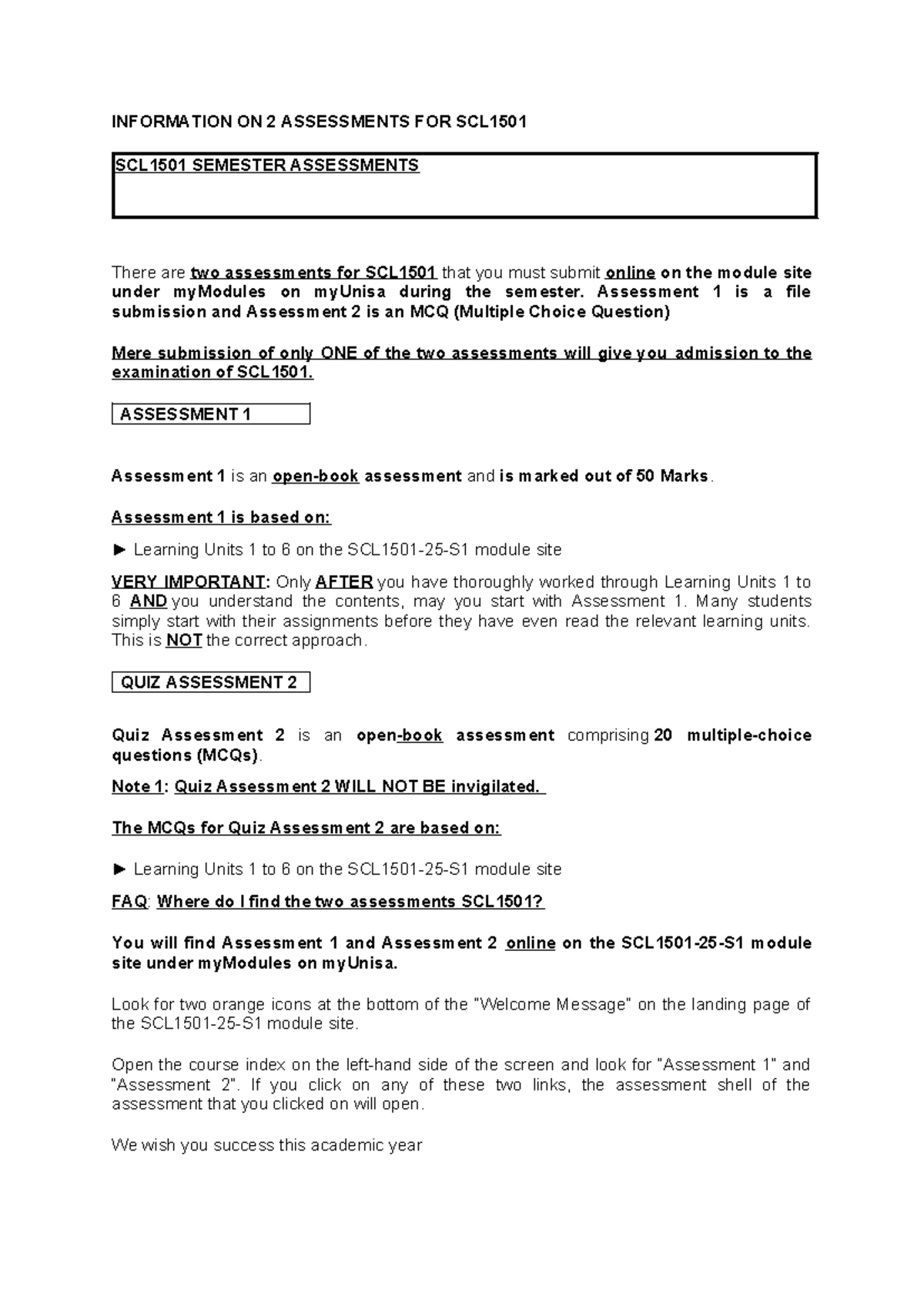 SCL1501 Semester Assessments: Info on Assignments & Quiz Functions ...