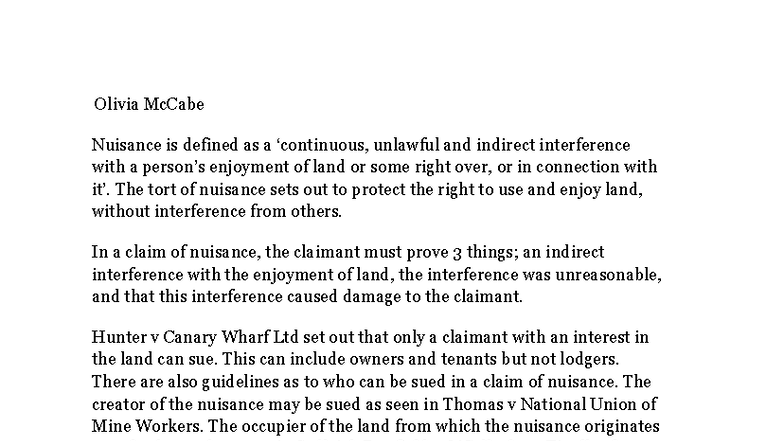 Nuisance Law Overview: Key Cases and Principles (LAW 101) - Studocu