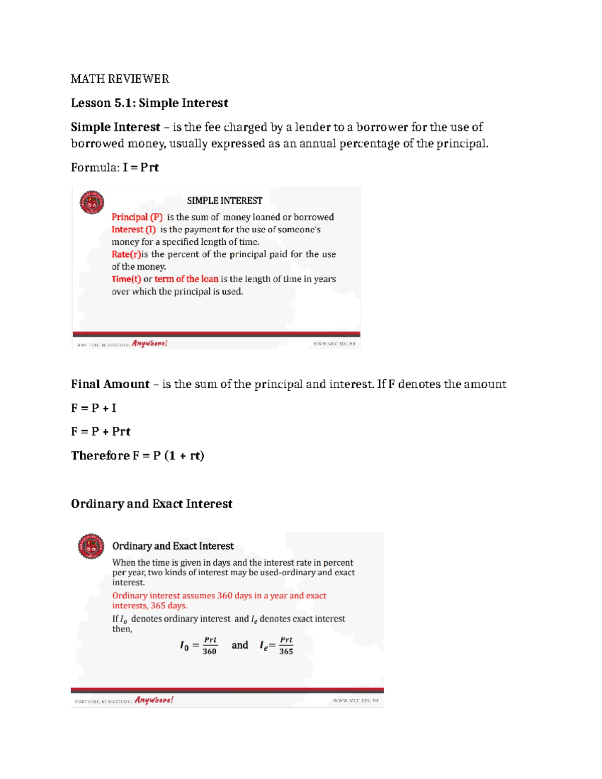 MATH101 Reviewer - MATH REVIEWER Lesson 5: Simple Interest Simple ...