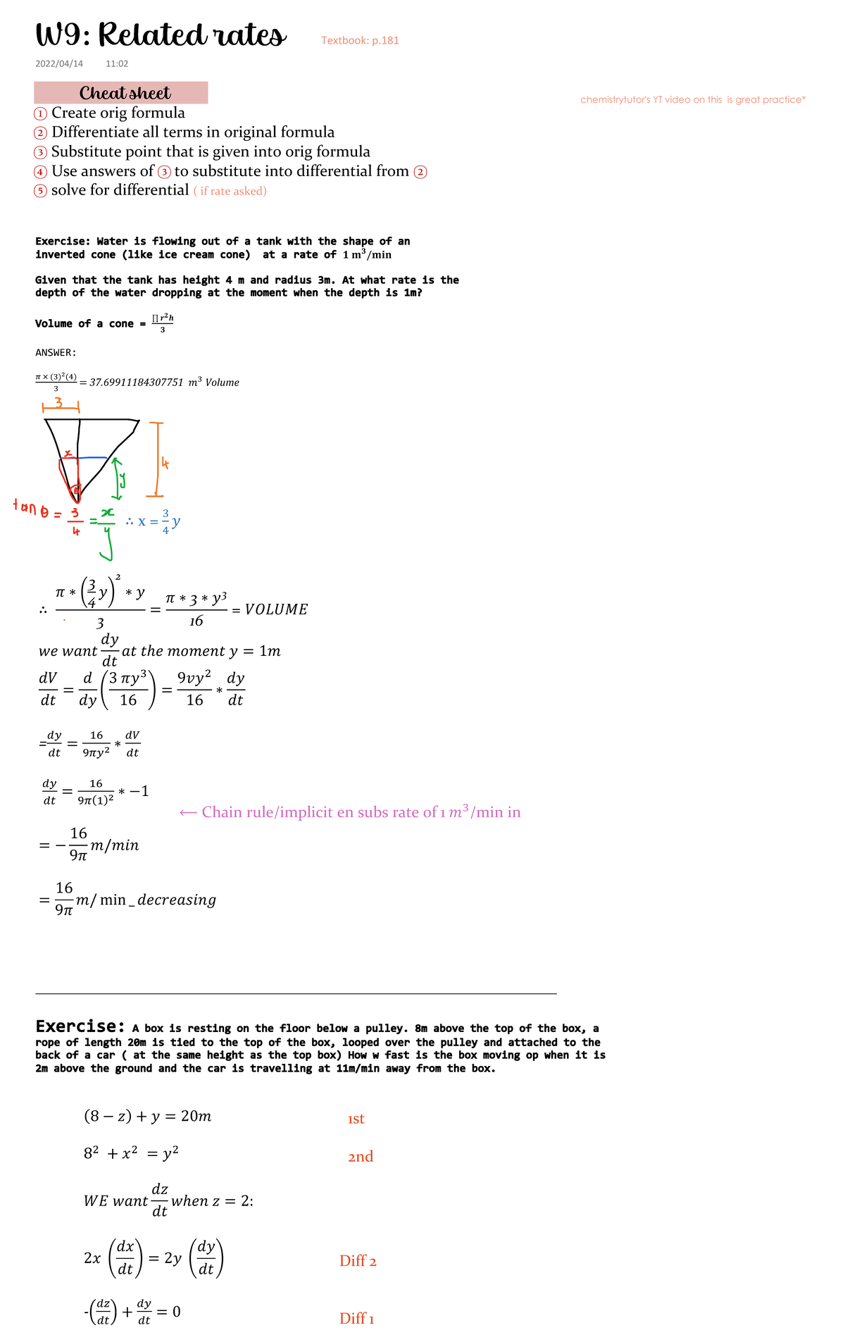 W9: Related Rates Cheat Sheet and Exercises - Studocu