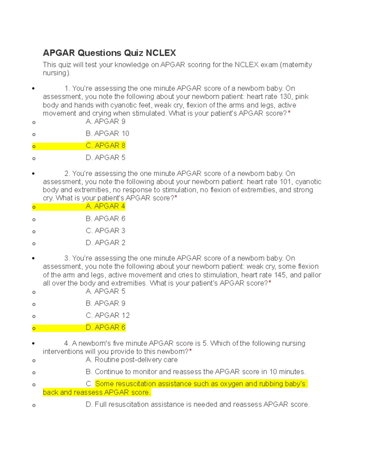 Apgar Scoring Quiz for NCLEX Exam Preparation - Studocu