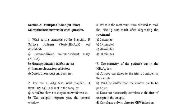 Mock Written IS Lab - HLT 101: Multiple Choice Questions on HBsAg and ...