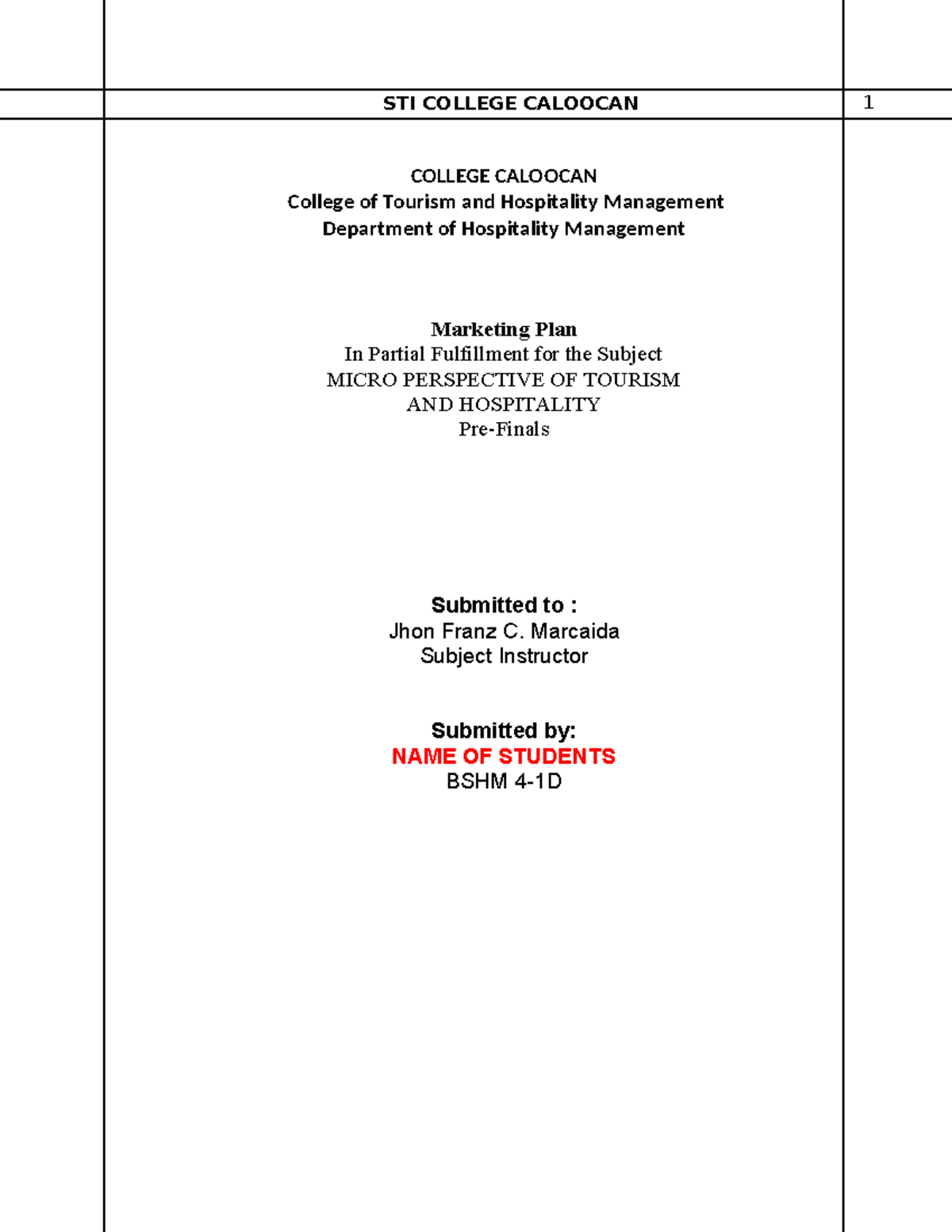 Micro Marketing Plan for MKT 101: Pre-Finals BSHM 4-1D - Studocu