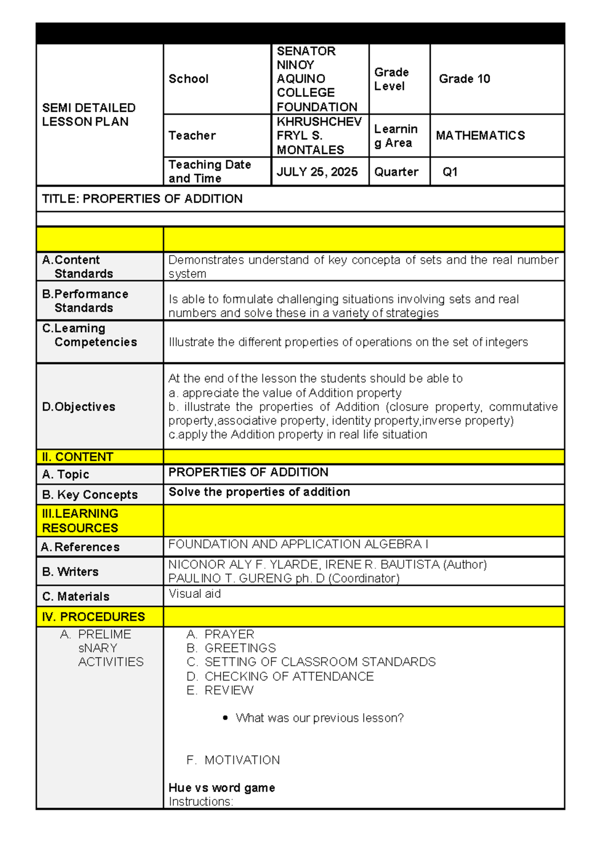 Grade 10 Math Lesson Plan: Properties of Addition (Q1) - Studocu