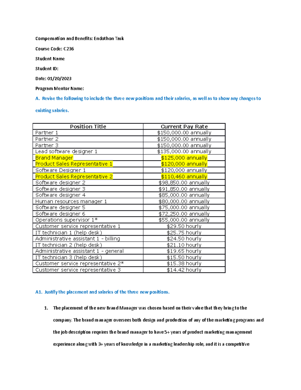 C236 Task - passed, no revisions - Compensation and Benefits: Endothon Task Course Code: C ...
