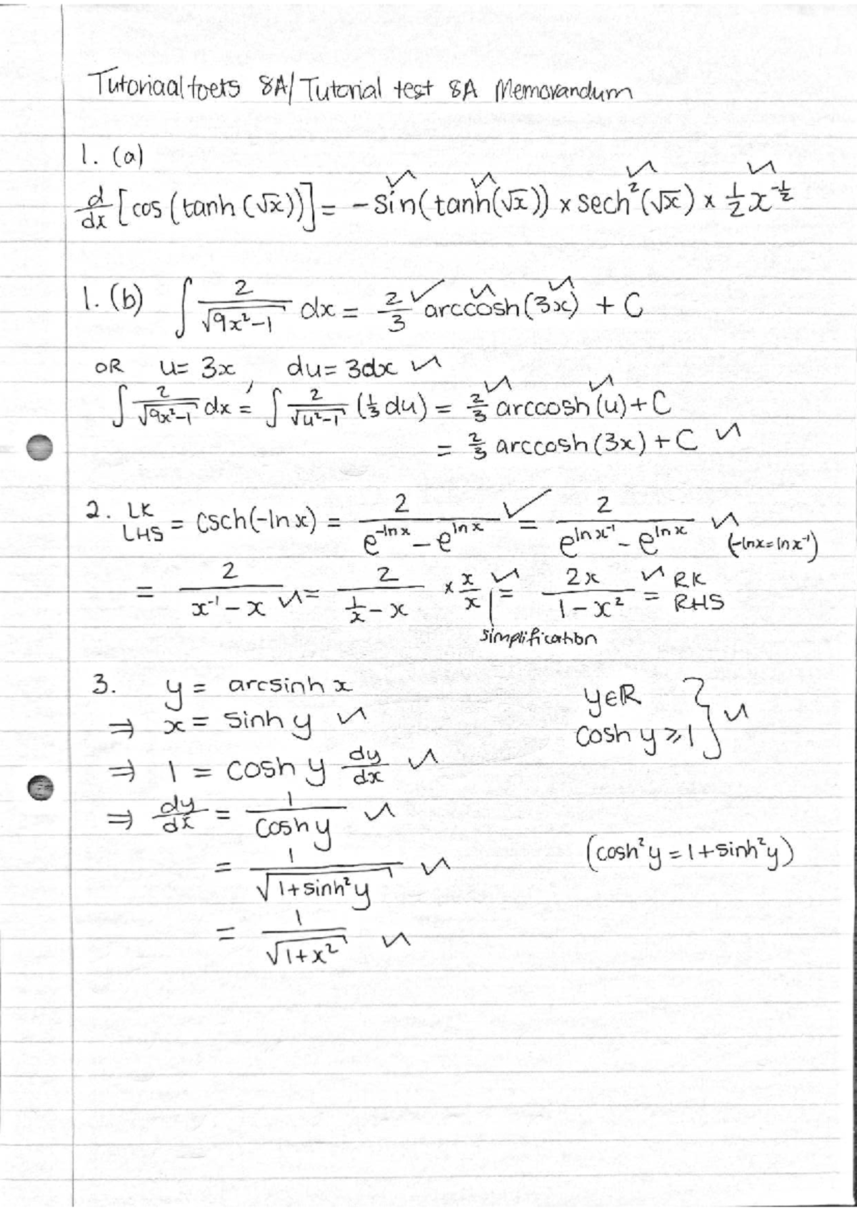 MTHS121 Tutorial Test 8A, 8B, and 8D Memorandum - Studocu