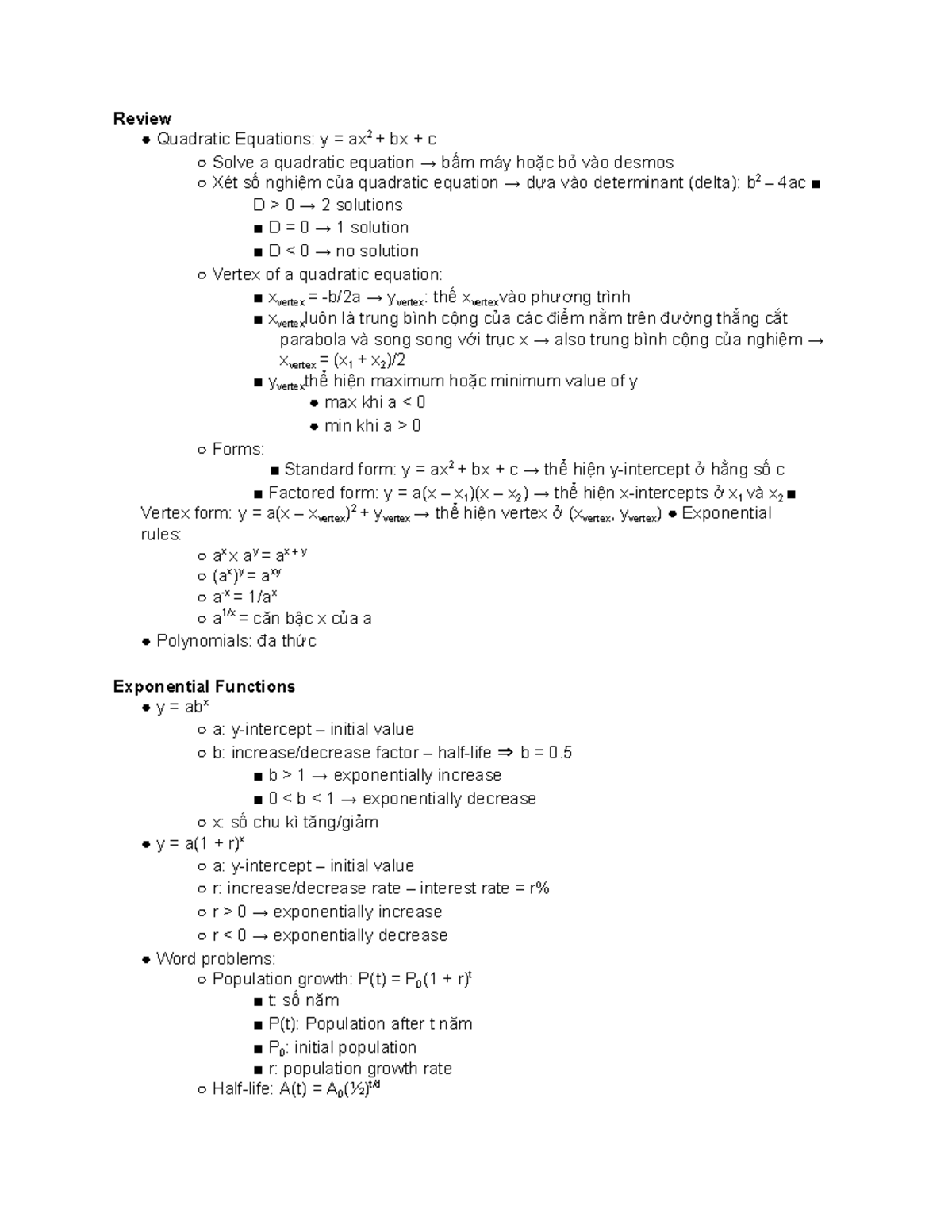 Advanced Math III: Quadratic Equations and Exponential Functions Review ...