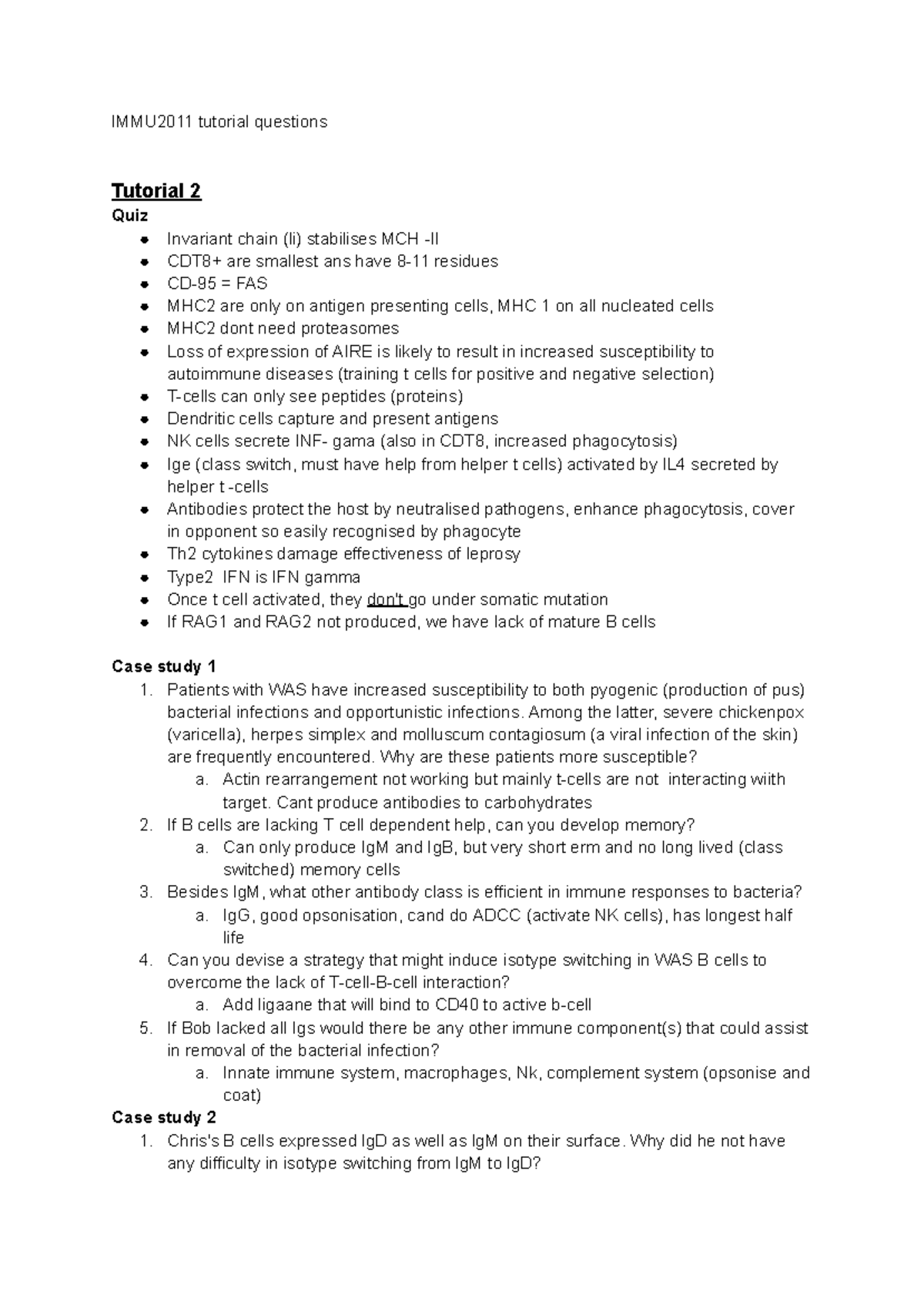 IMMU2011 Tutorial 2 Quiz: Immune Response Mechanisms and Case Studies - Studocu