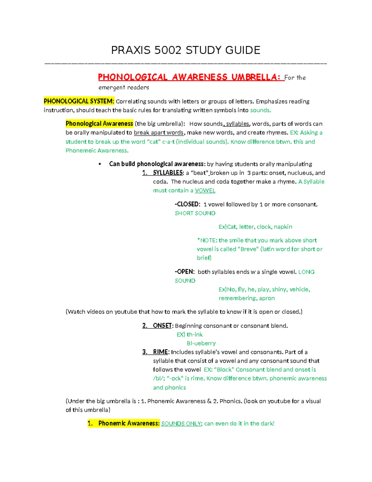 Study Guide for PRAXIS 5002: Phonological Awareness and Reading Skills ...