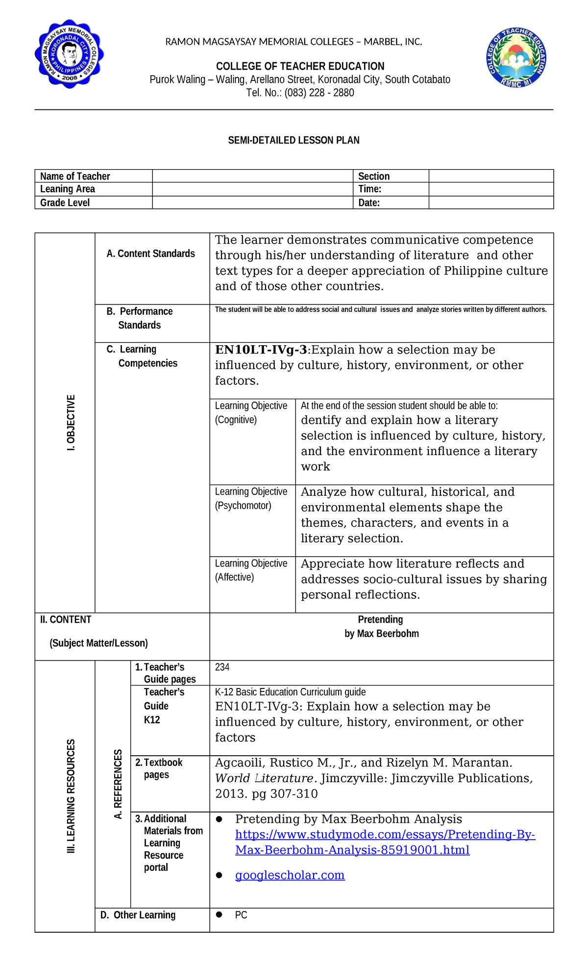 Lesson plan format for literature analysis in teacher education - Studocu