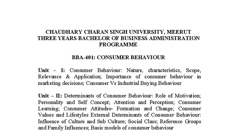 BBA 3Y: Consumer Behaviour Syllabus Overview and Key Concepts - Studocu