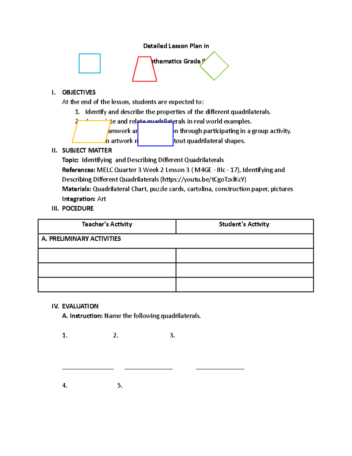 Math 4 Detailed Lesson Plan: Exploring Quadrilaterals and Art - Studocu