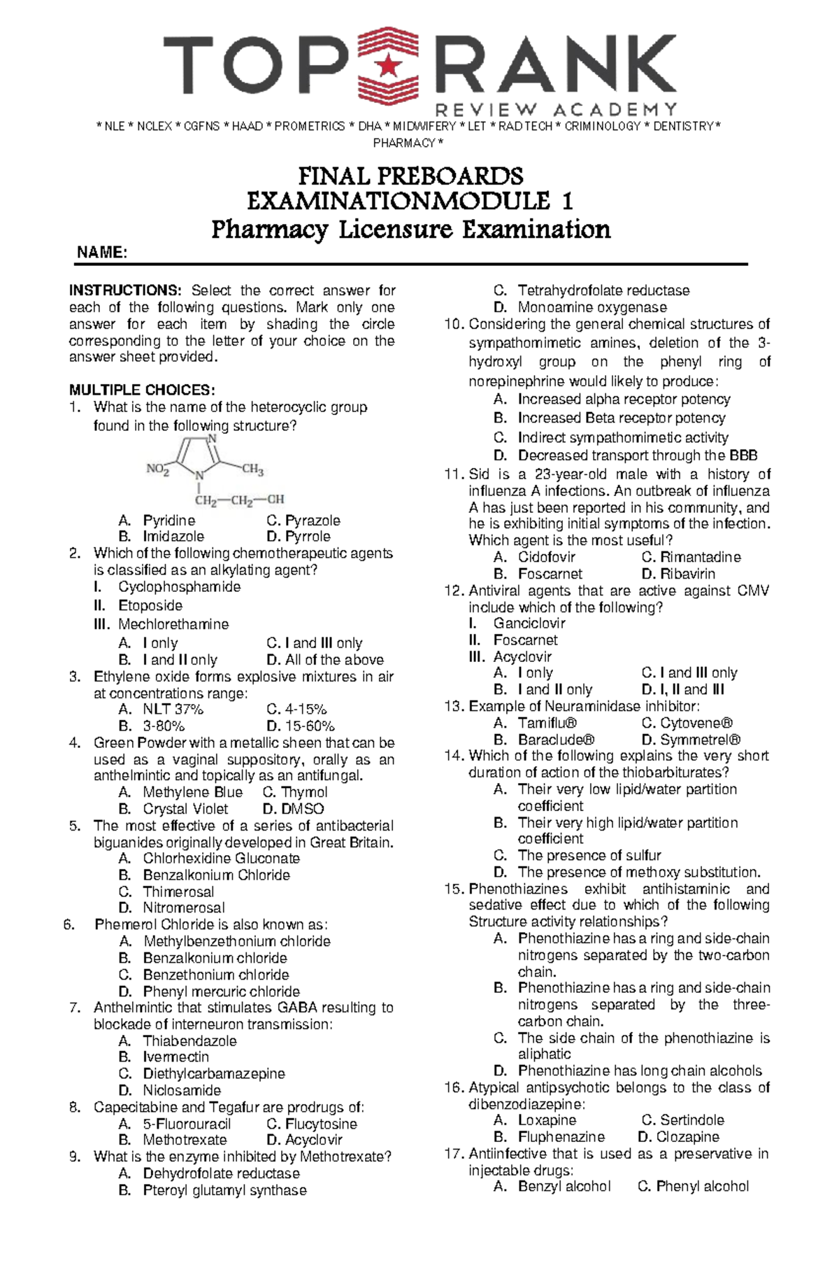 PB- Module 1 - Final Exam Review Materials for Pharmacy Licensure - Studocu