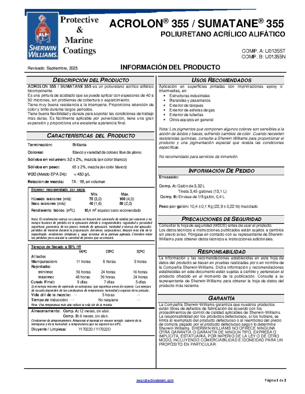 Acrolon 355: Brochure of Aliphatic Acrylic Polyurethane Coating - Studocu