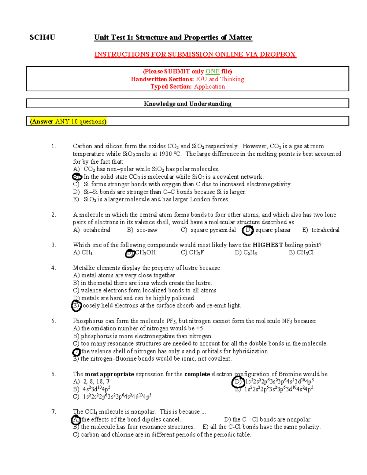 SCH4U Unit Test 1: Structure & Properties of Matter (Summer 2023) - Studocu