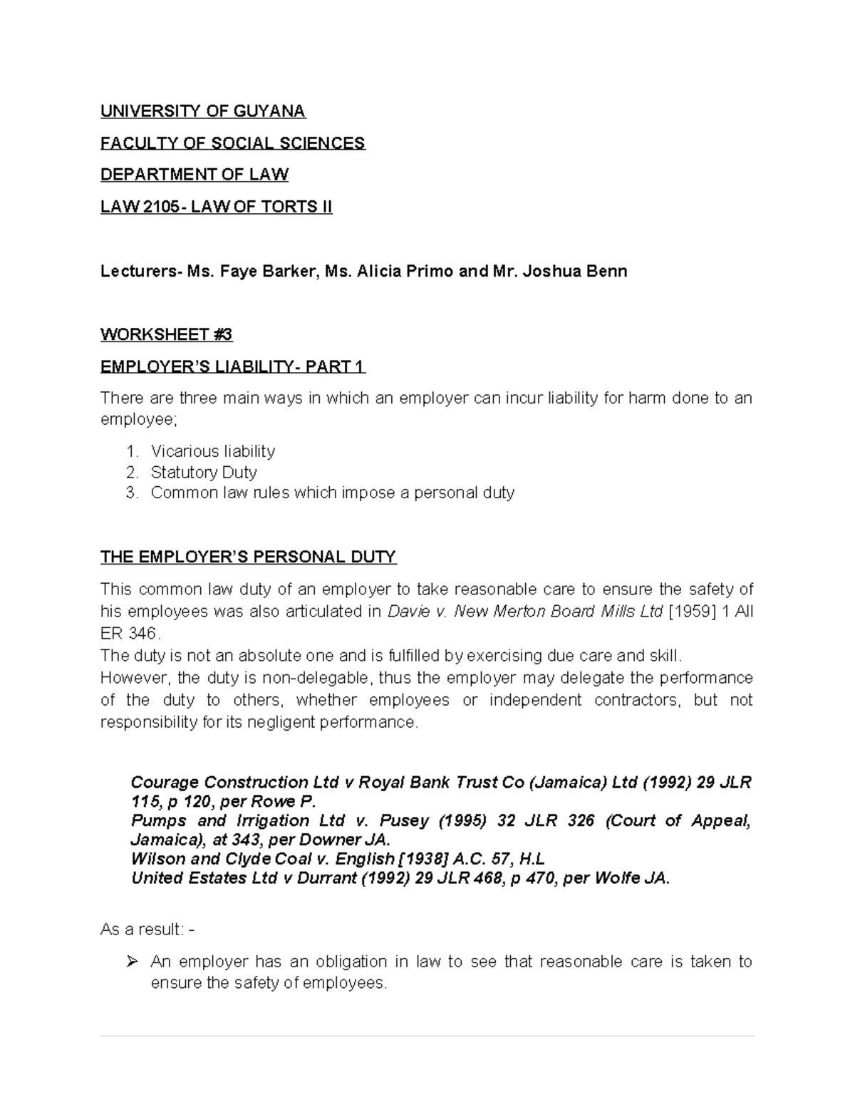 LAW 2105 - Worksheet #3: Employer's Liability (Part 1) Analysis - Studocu