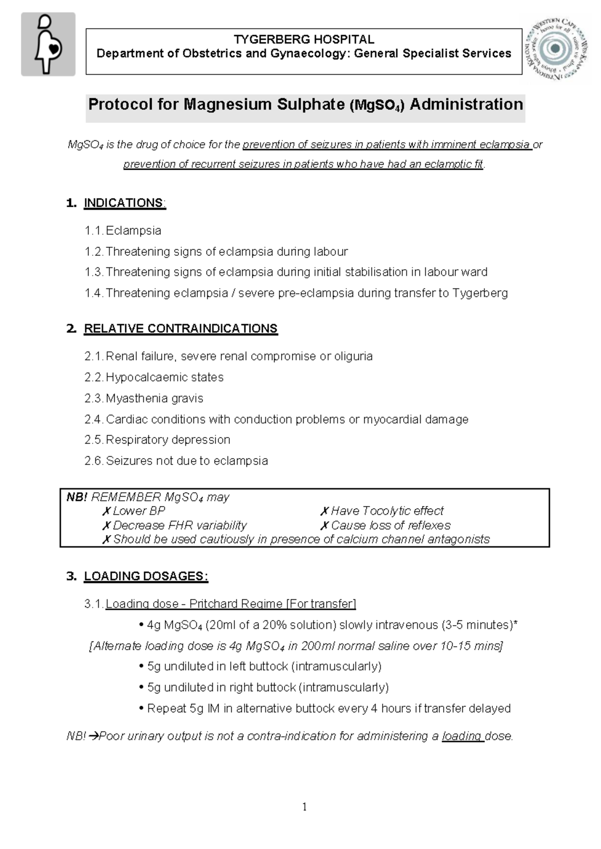 TBH Obstetrics MgSO4 Administration Protocol Notes - Studocu