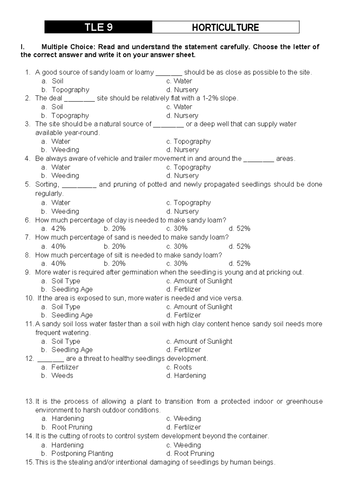 TLE 9 Horticulture I: Periodical Exam Review and MCQs - Studocu