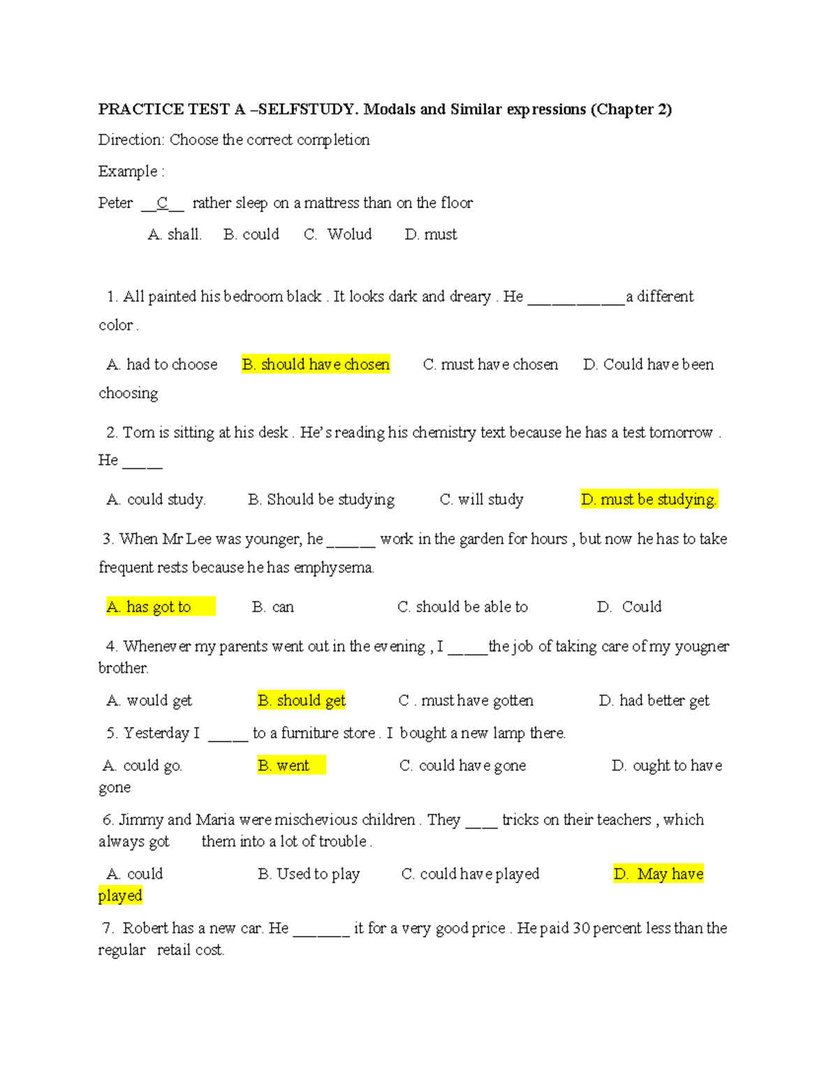 PRACTICE TEST A: Modals and Similar Expressions (Chapter 2) - Studocu