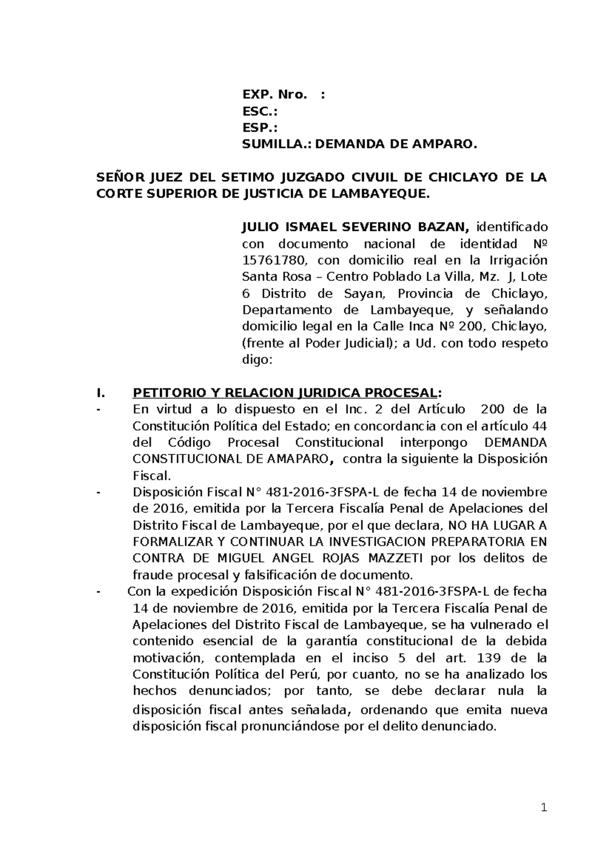 Demanda de Amparo Contra Disposición Fiscal - Modelo Jurídico - Studocu