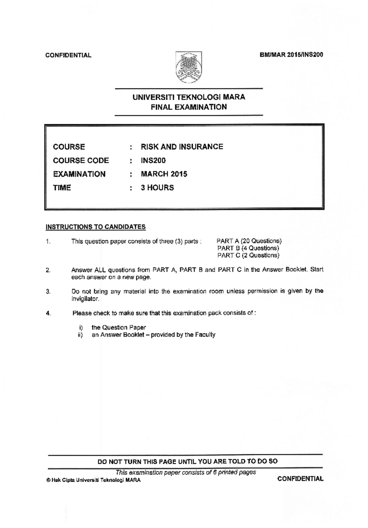 INS200 March 2015 - Final Exam Paper on Risk and Insurance - Studocu