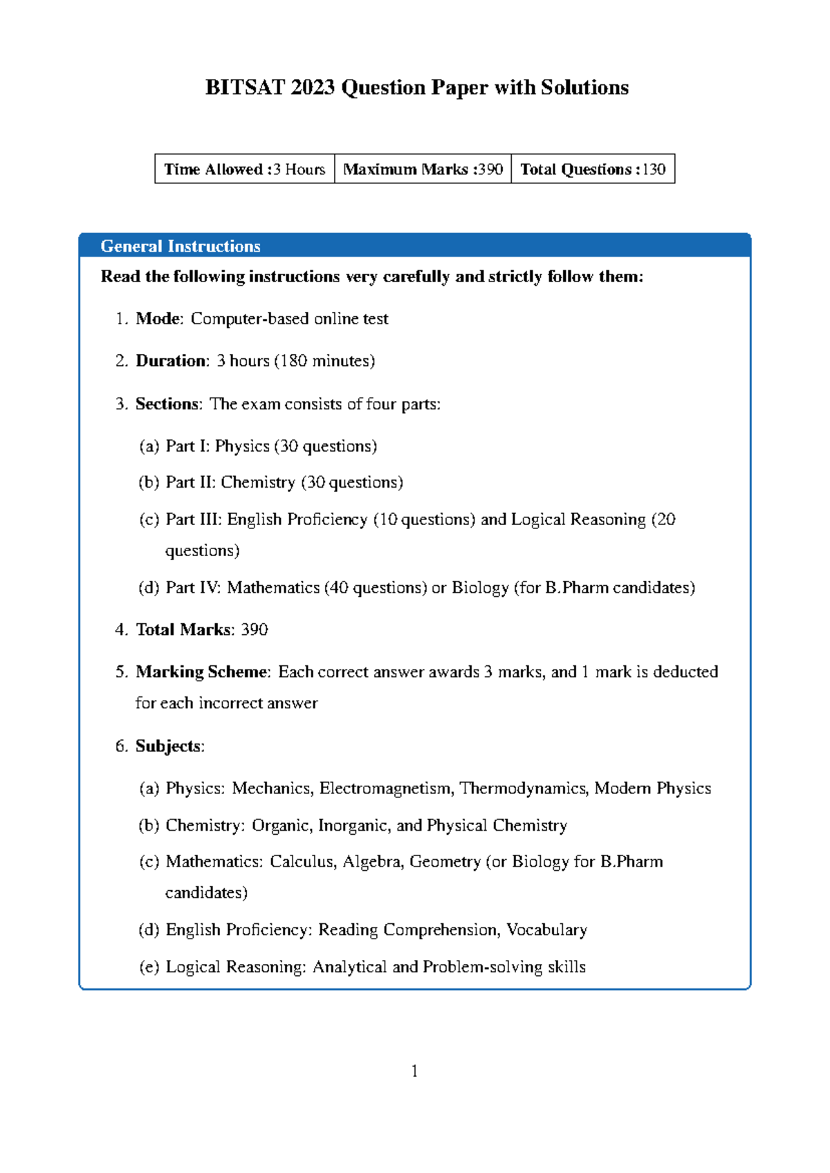 BITSAT 2023 Question Paper with Solutions and Instructions - Studocu