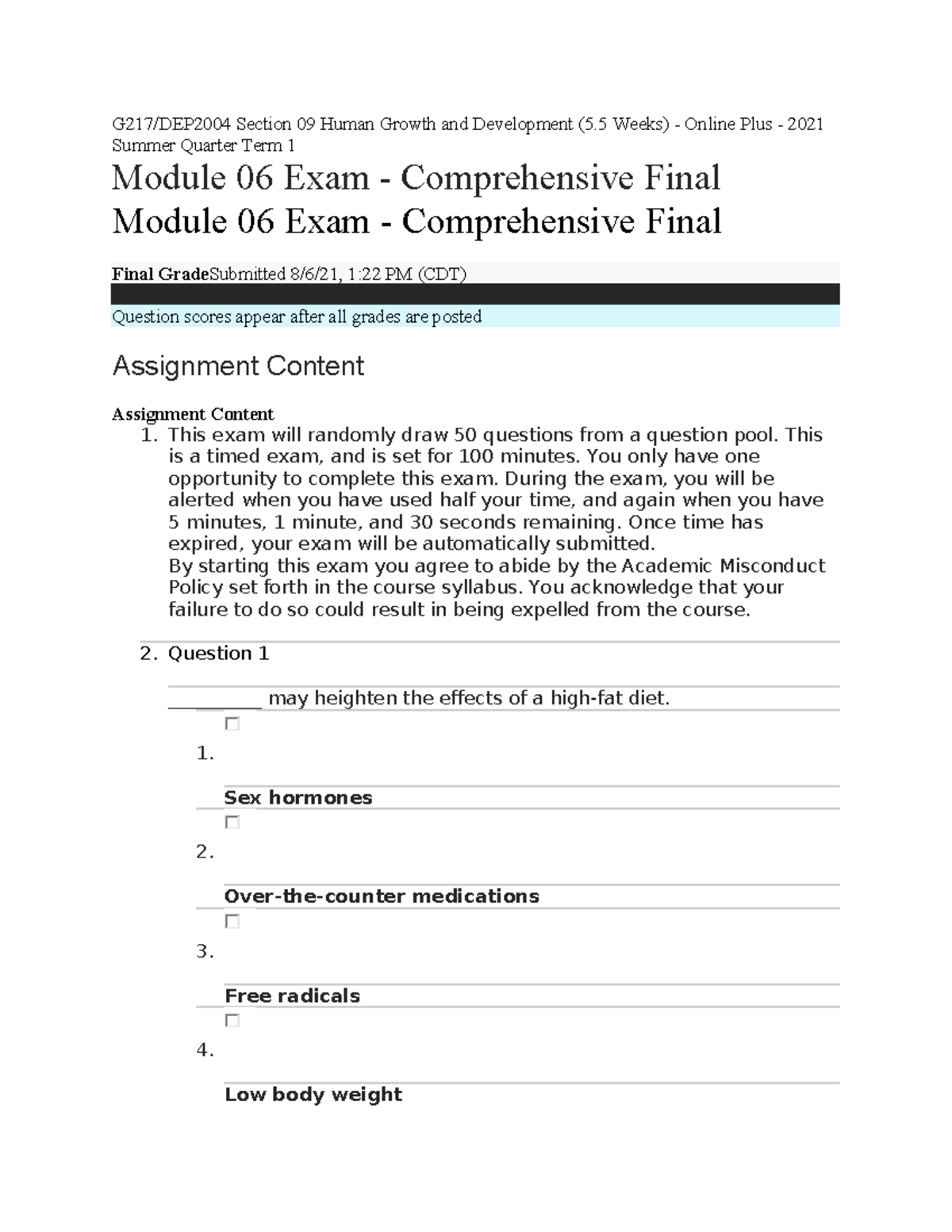 G217/DEP2004 Summer 2021 Final Exam on Human Growth & Development - Studocu