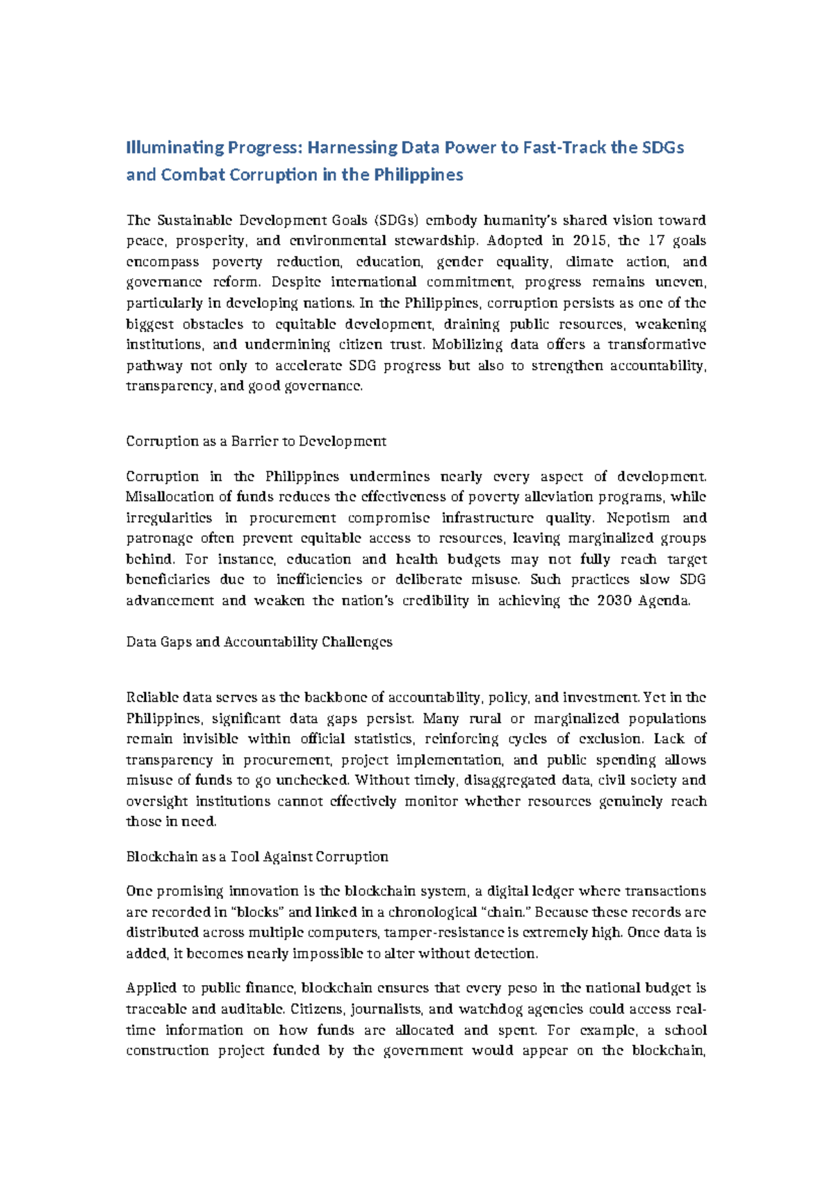 SDG Data & Blockchain: Combating Corruption in the Philippines Essay ...