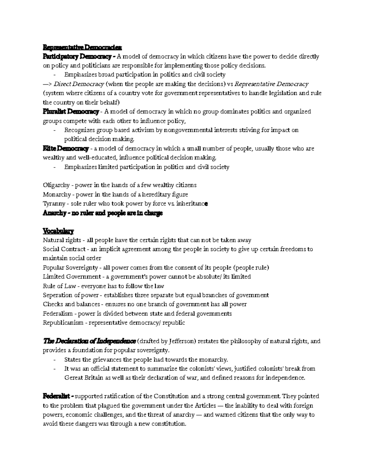 Unit 1 AP Gov Study Notes: Democratic Models & Government Foundations ...