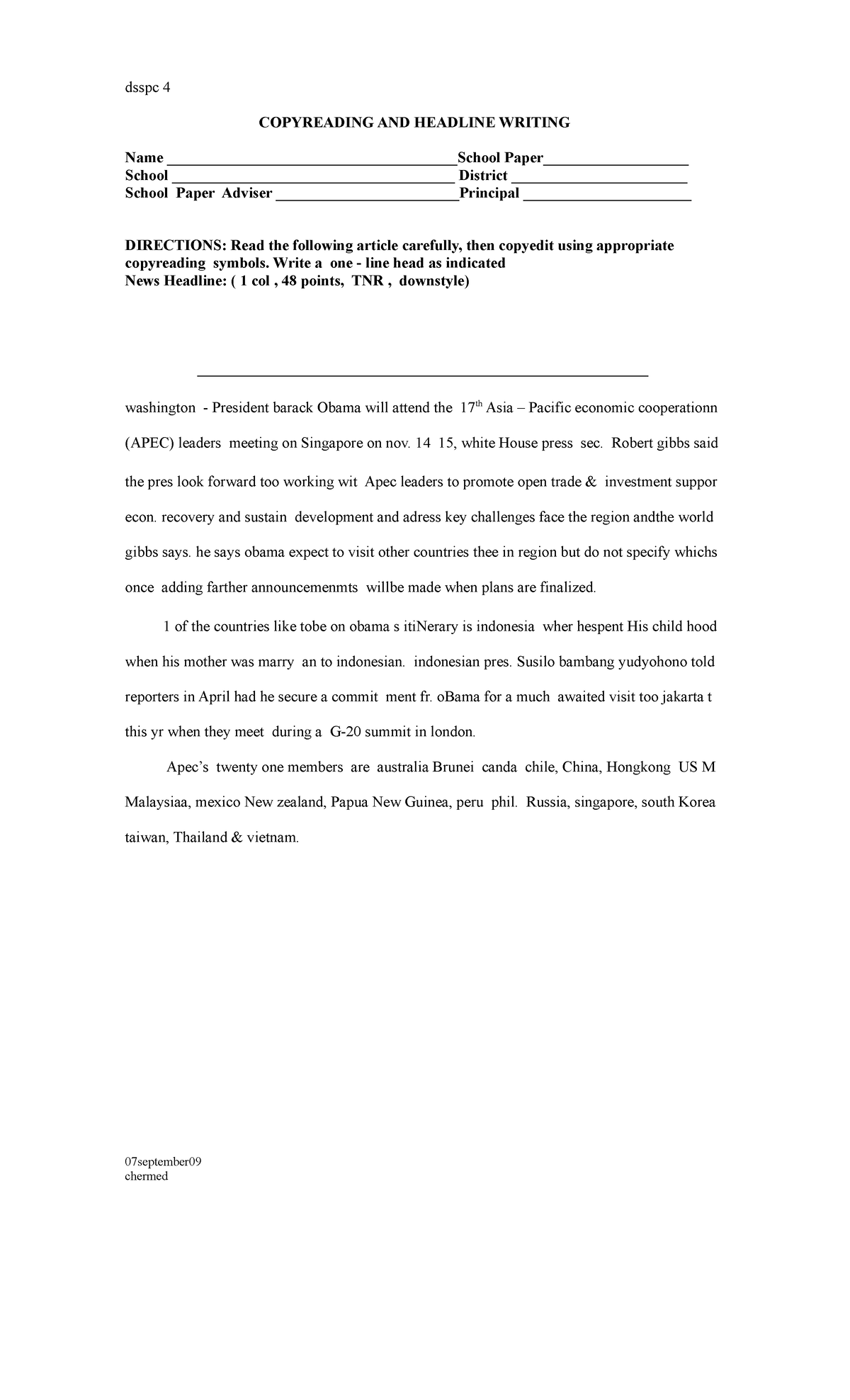 Crhw 15 - Copyreading Activity Sheet for APEC News Article - Studocu