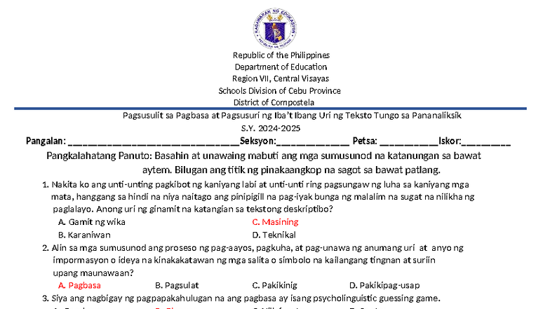 3RD Quarter Assessment: Pagbasa at Pagsusuri ng Ibang Uri ng Teksto ...